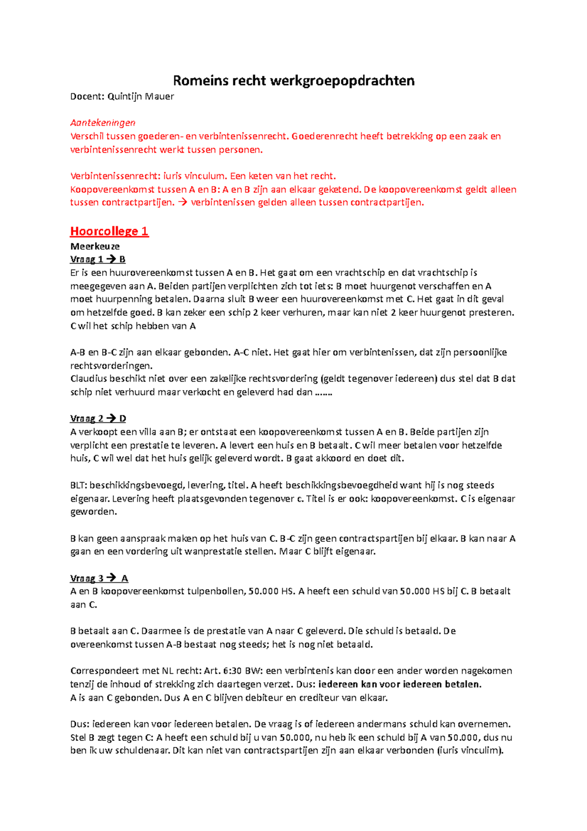 Romeins recht werkgroepopdrachten - alle weken (verbintenissenrecht ...