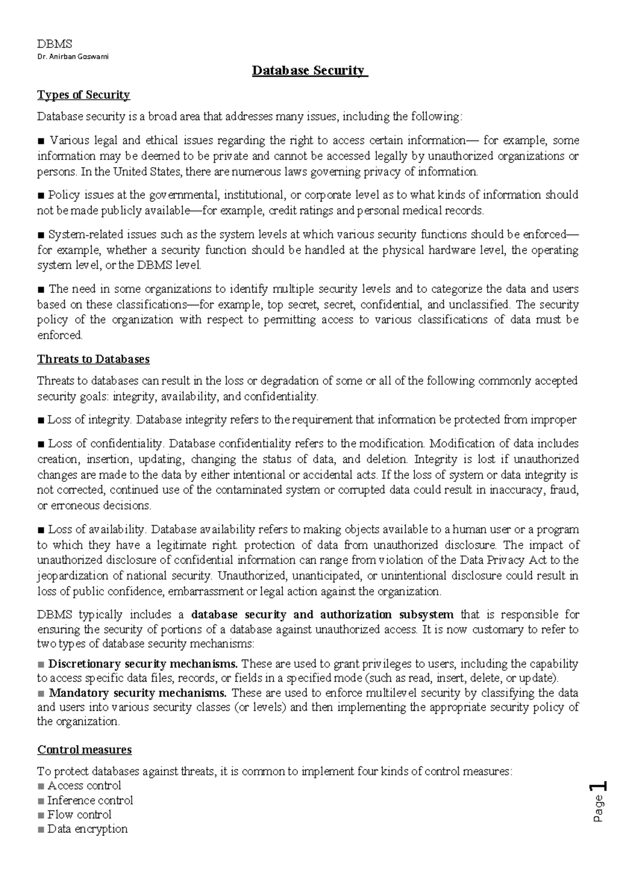Database Security Issues Page 1 Dr Anirban Goswami Database Security Types Of Security