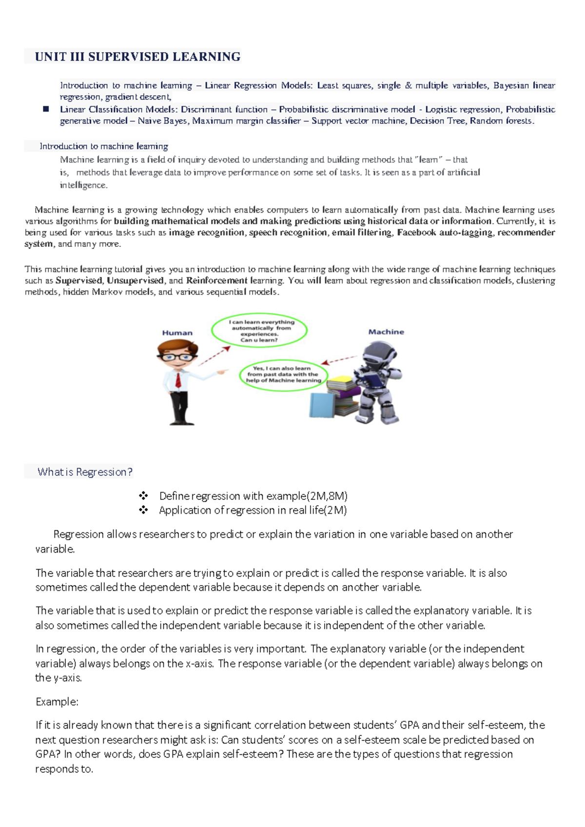 Unit 3 Aiml Reference Unit Iii Supervised Learning Introduction To Machine Learning Linear