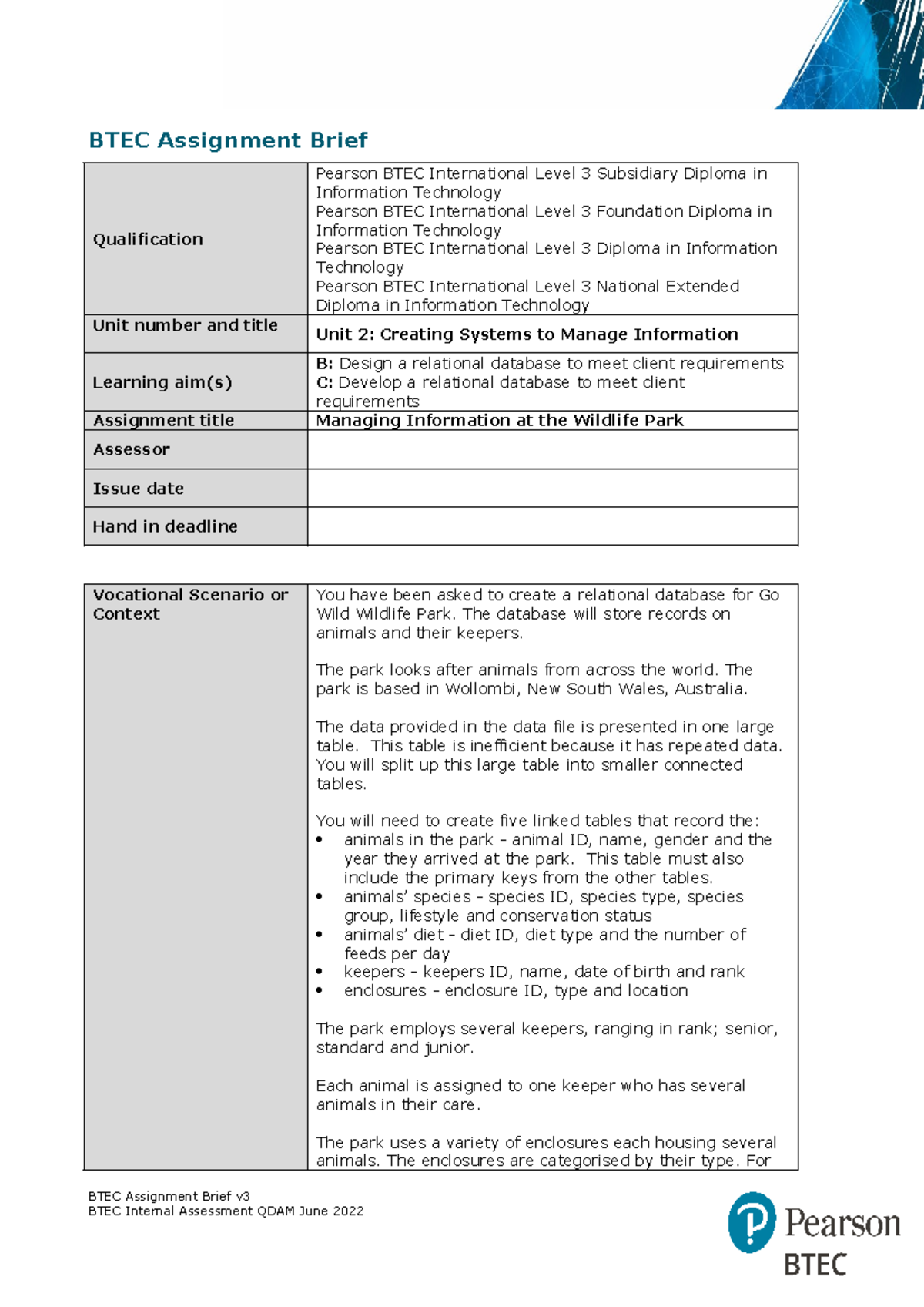 Unit 2 Aab Create Systems To Manage Information Learning Aims B And C Btec Assignment Brief