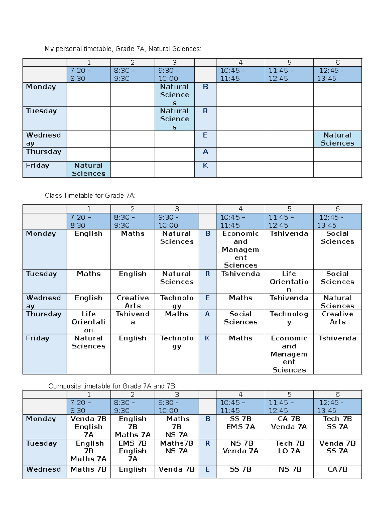 The Timetables - Portfolio - My personal timetable, Grade 7A, Natural ...