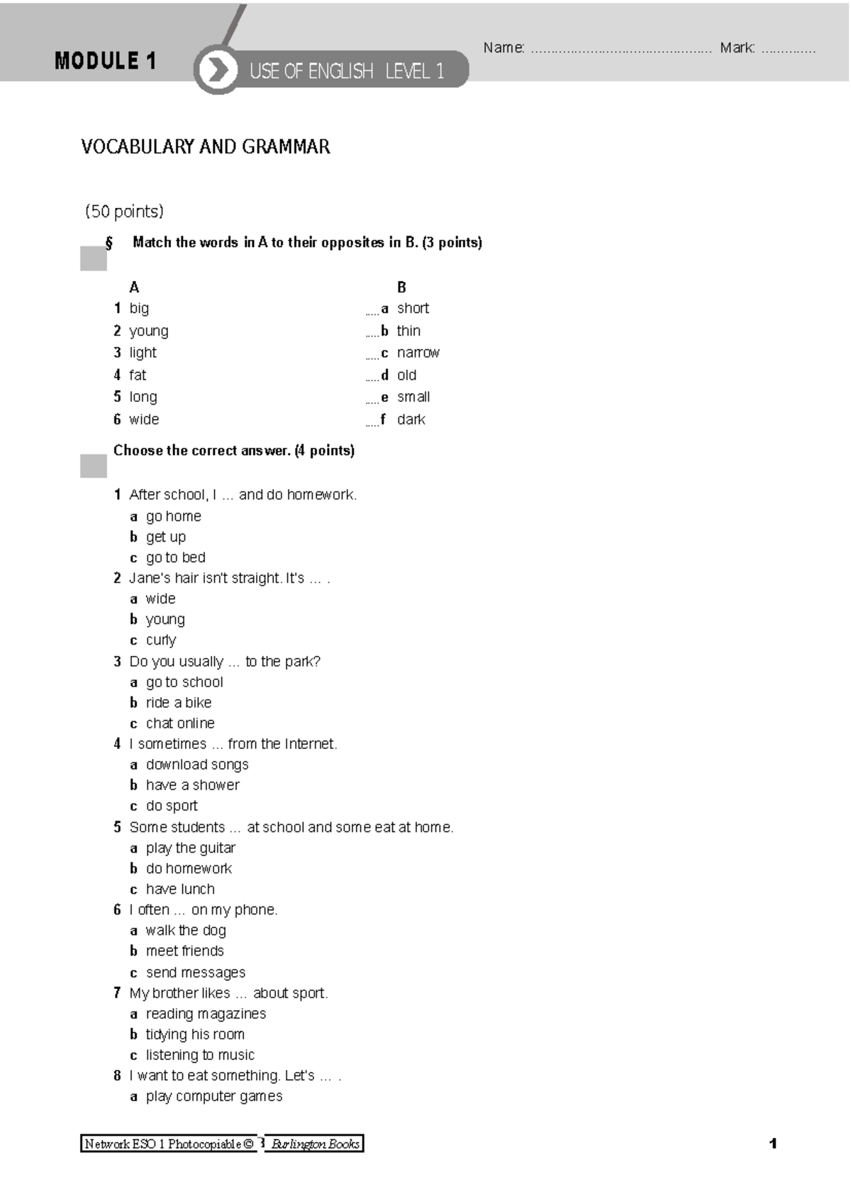 04Network 1 Mod1 TL1 - Network 1º ESO Module 1 - VOCABULARY AND GRAMMAR (50 points) 1 § Match ...
