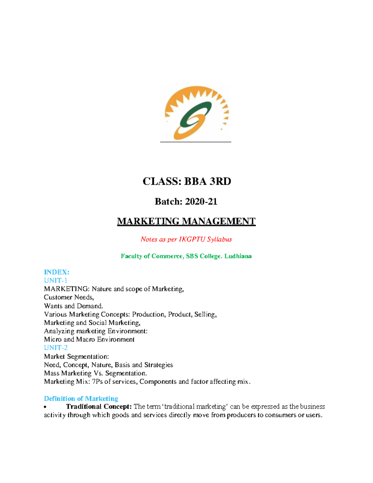 FULL Notes OF Marketing MGT - CLASS: BBA 3RD Batch: 2020- MARKETING ...