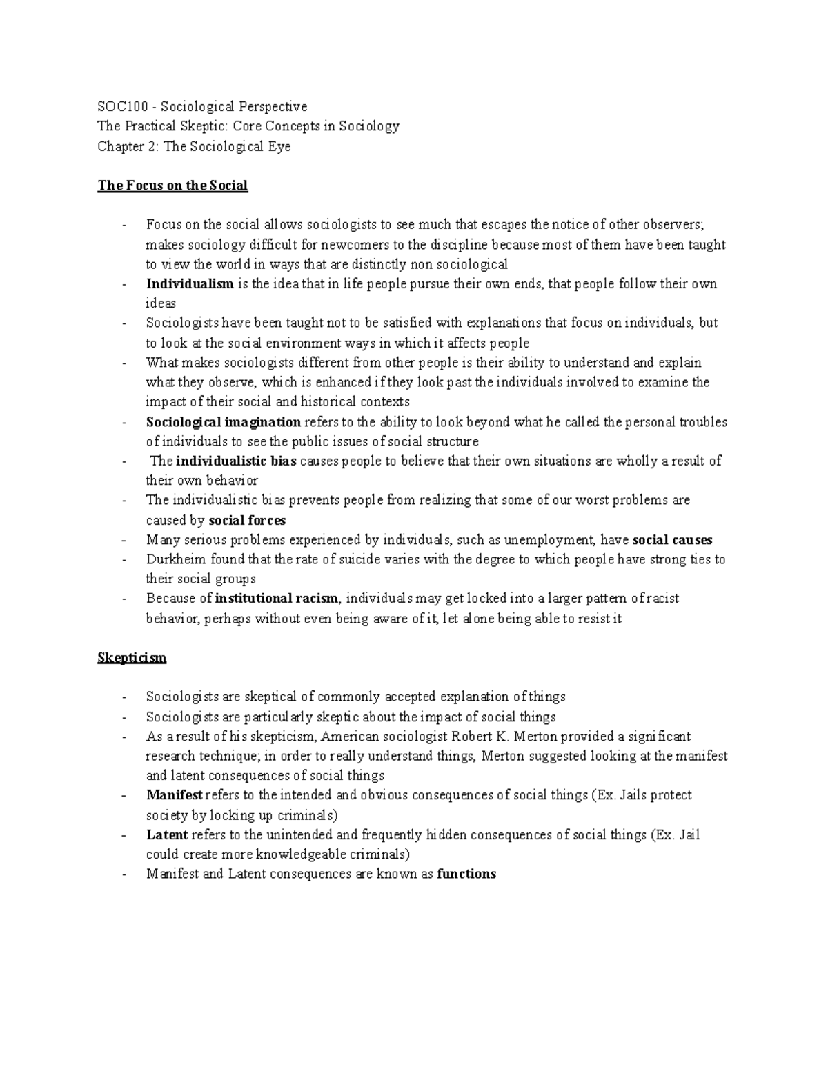 SOC100 - The Sociological Eye - SOC100 - Sociological Perspective The ...