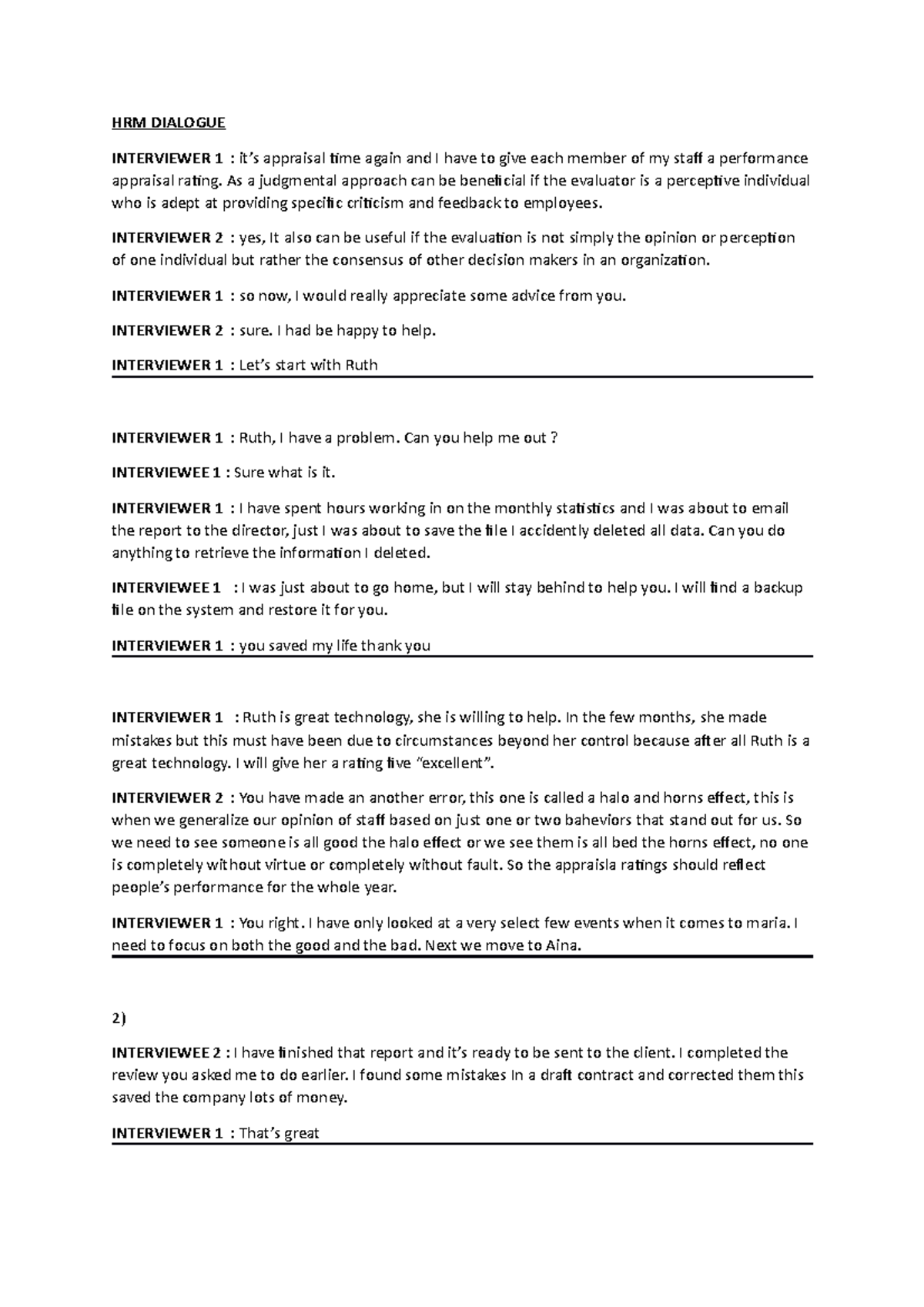 HRM Dialogue - DONE - HRM DIALOGUE INTERVIEWER 1 : it’s appraisal time ...