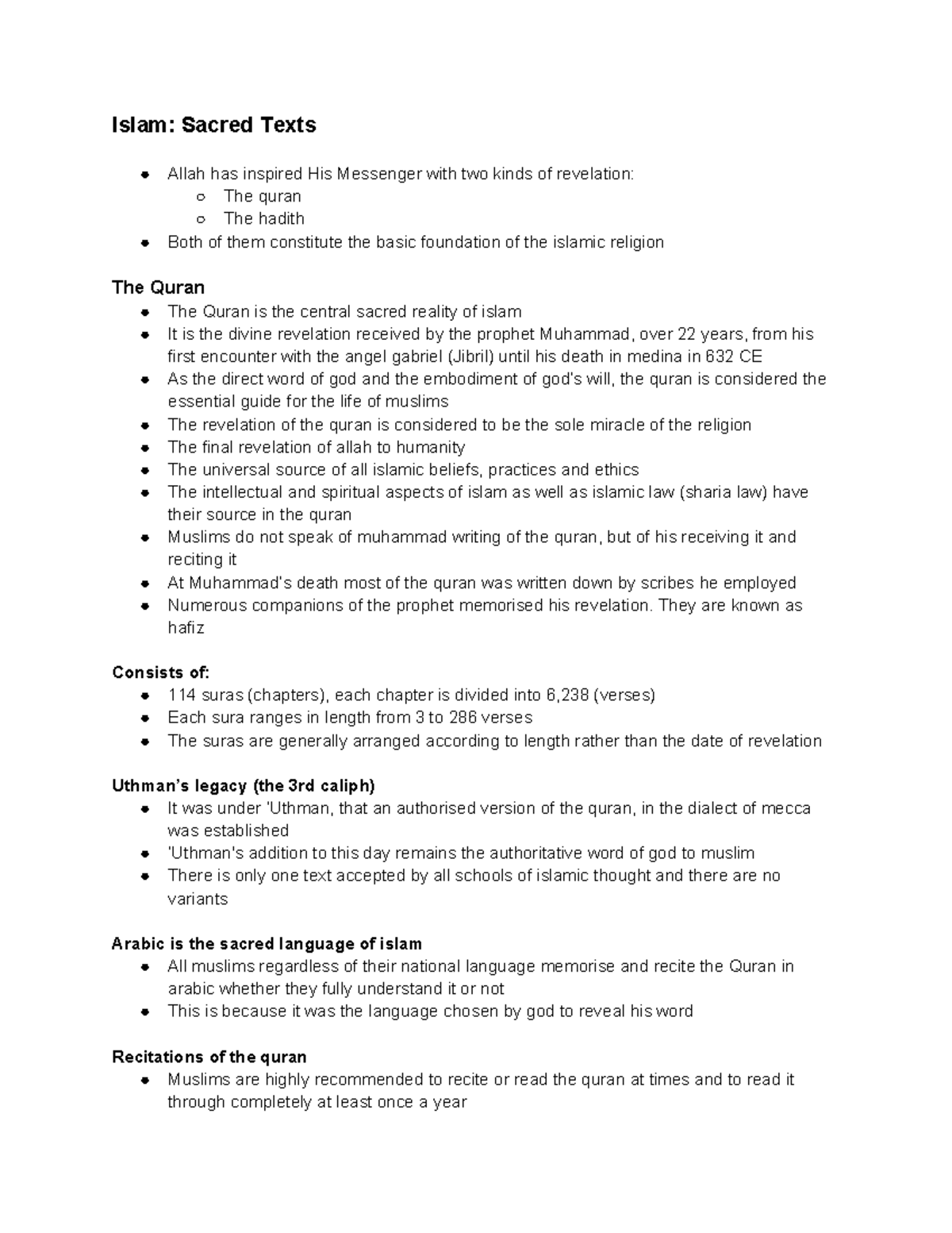 Islam Sacred Texts - RE NOTES - Islam: Sacred Texts Allah has inspired ...