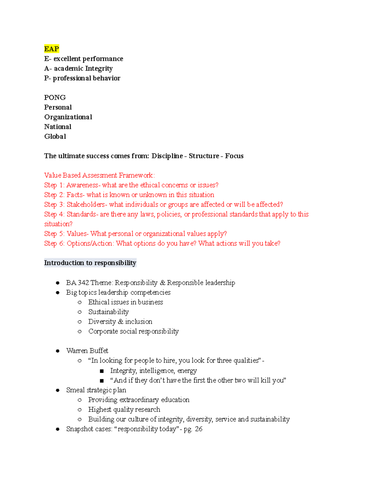 BA 342 Exam 1 Study Guide - EAP E- excellent performance A- academic ...