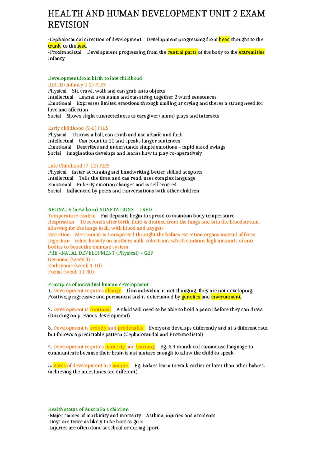 5911 Health AND Human Development UNIT 2 EXAM Revision - HEALTH AND ...