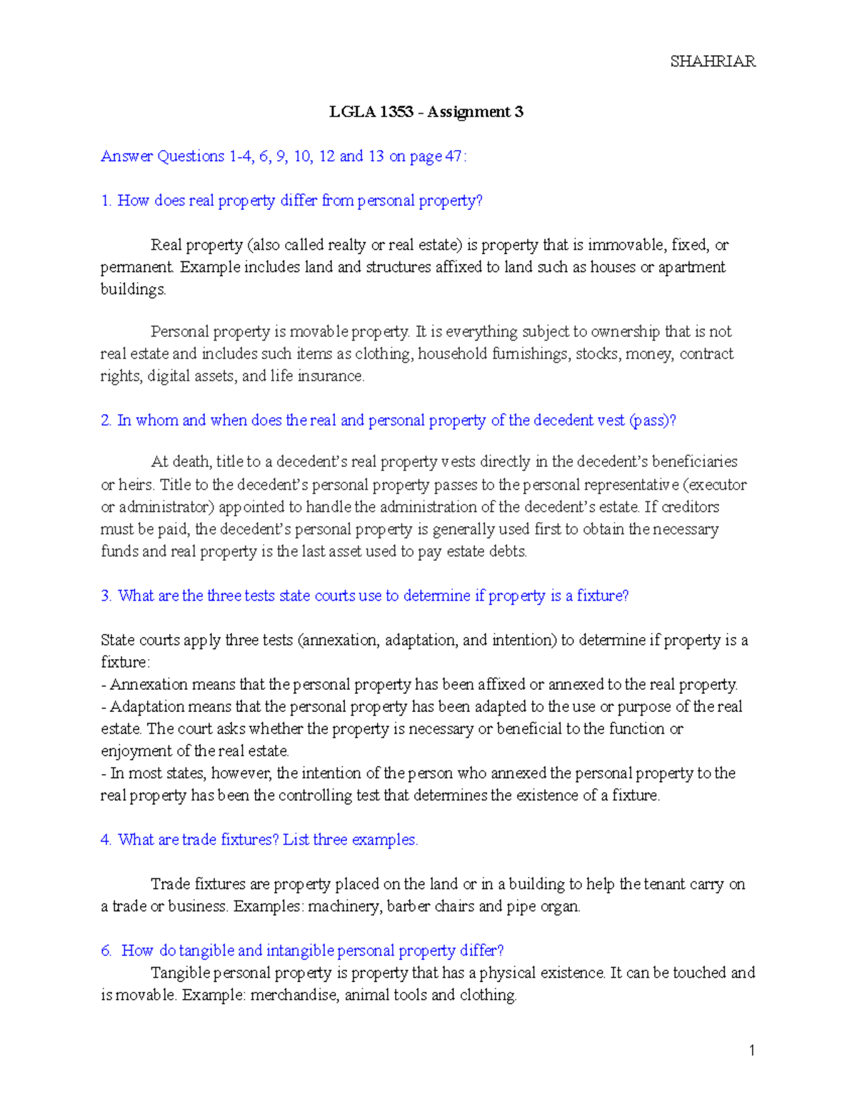 LGLA 1353 - Assignment 3 - SHAHRIAR LGLA 1353 - Assignment 3 Answer Questions 1-4, 6, 9, 10, 12 ...