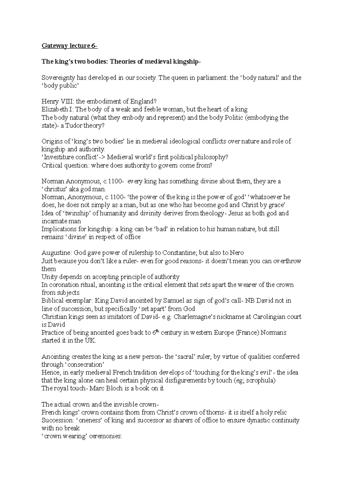 Lecture 6 - Gateway lecture 6- The king’s two bodies: Theories of ...