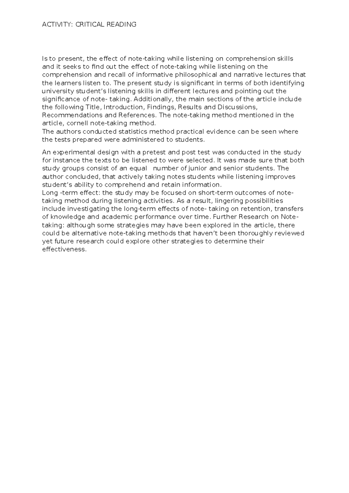 Critical Reading Assignment - ACTIVITY: CRITICAL READING Is to present, the effect of note ...