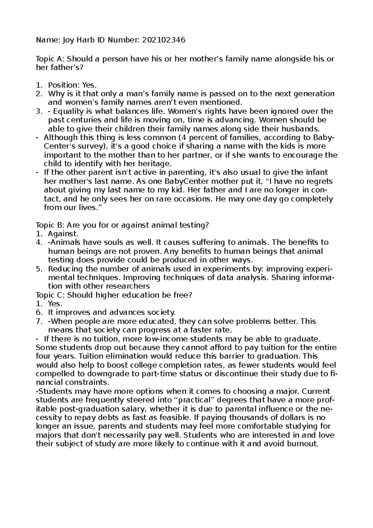 Eng 009 Assignment - Name: Joy Harb ID Number: 202102346 Topic A ...