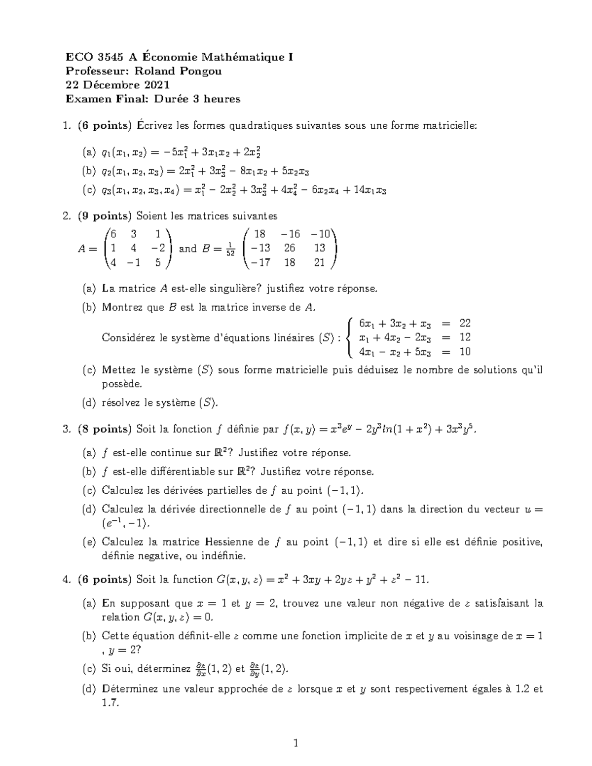 Examen Final 2021 - ECO 3545 A ́Economie Math ́ematique I Professeur ...