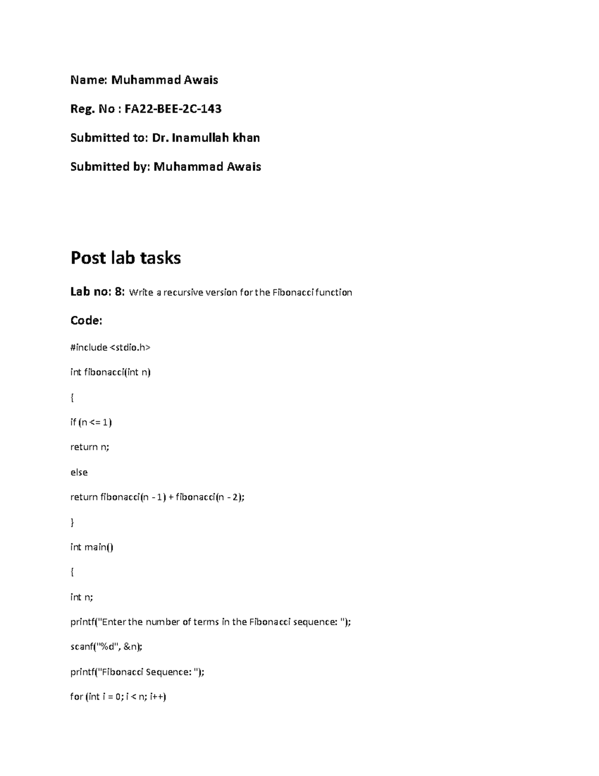 Lab final part2 - Name: Muhammad Awais Reg. No : FA22-BEE-2C- Submitted ...