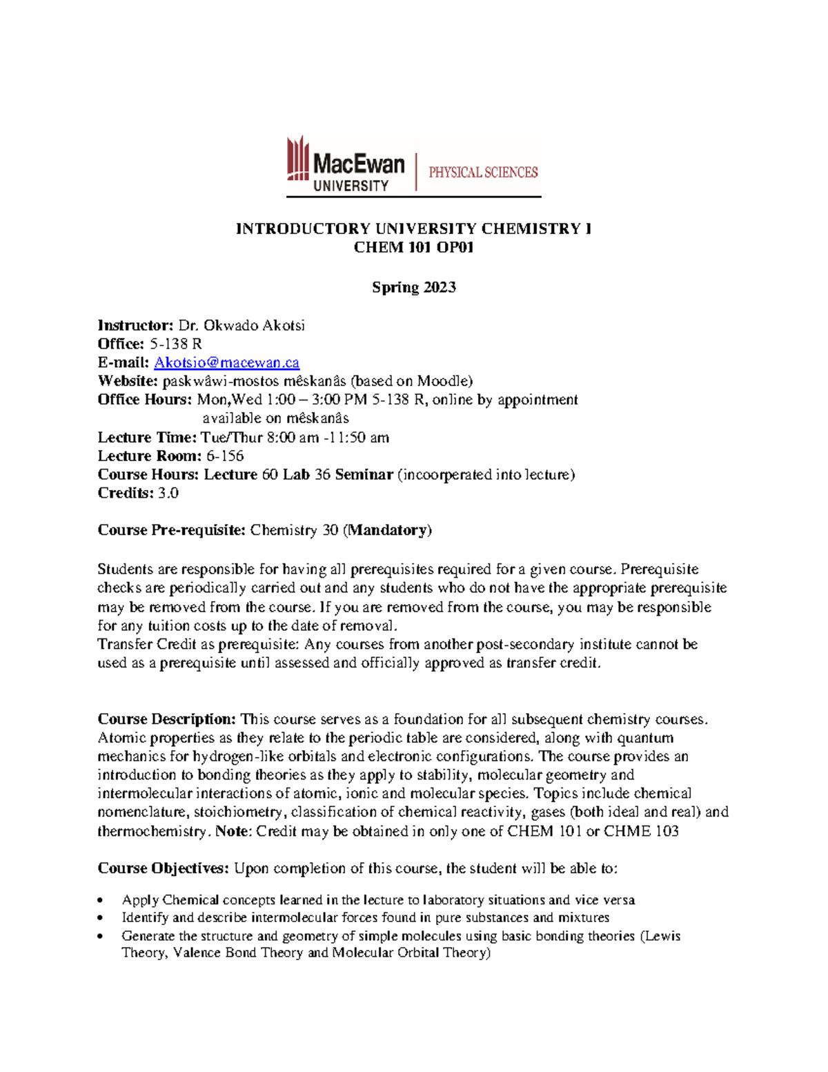 CHEM 101 SP 2023 Course Outline - INTRODUCTORY UNIVERSITY CHEMISTRY I ...