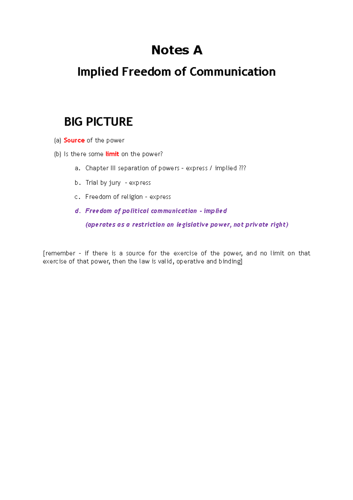 Implied Freedom of Communication - Lecture note 2 - Notes A Implied ...