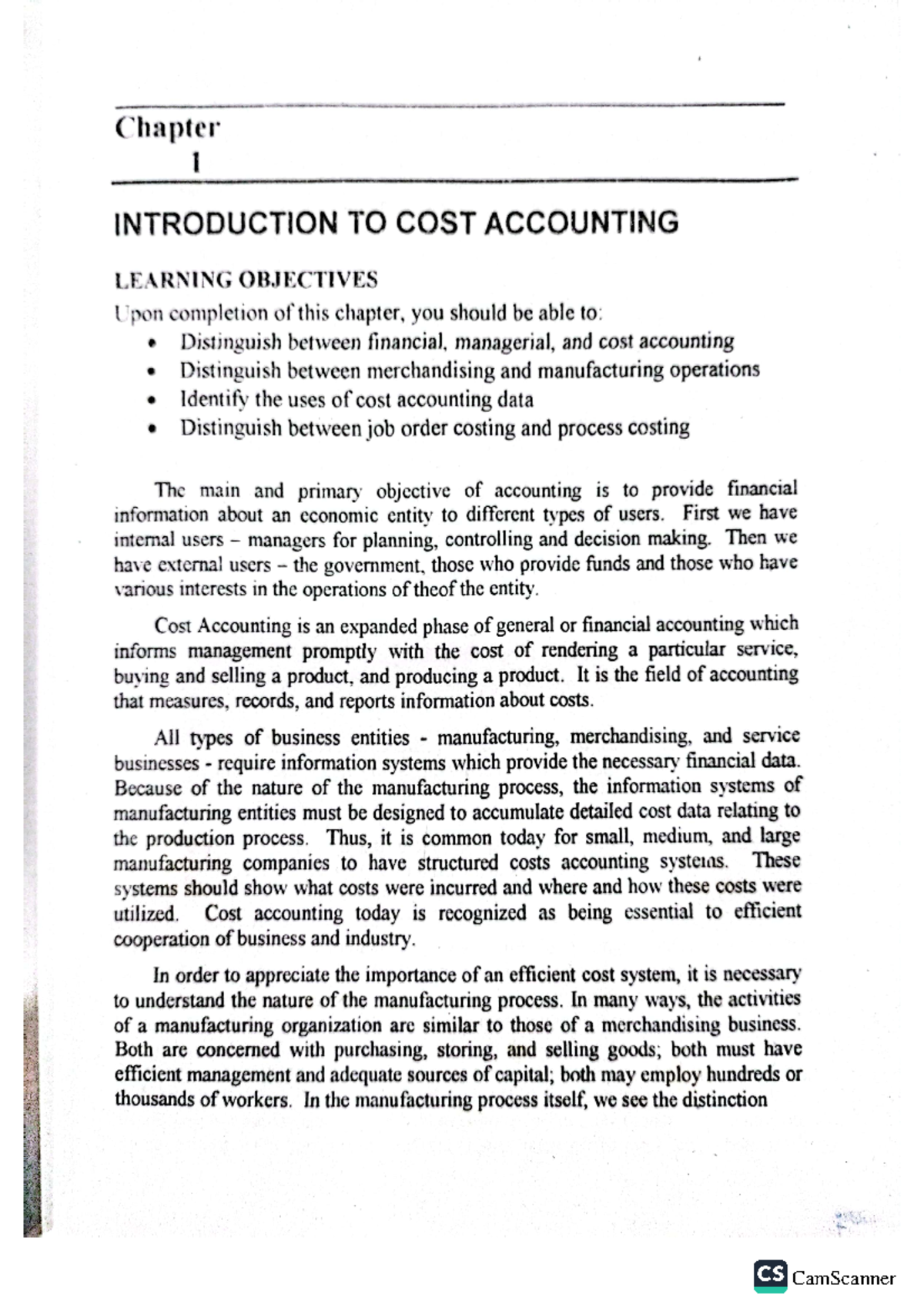 Cost acctg. chapter 1-2 - Chapter I INTRODUCTION TO COST ACCOUNTING ...