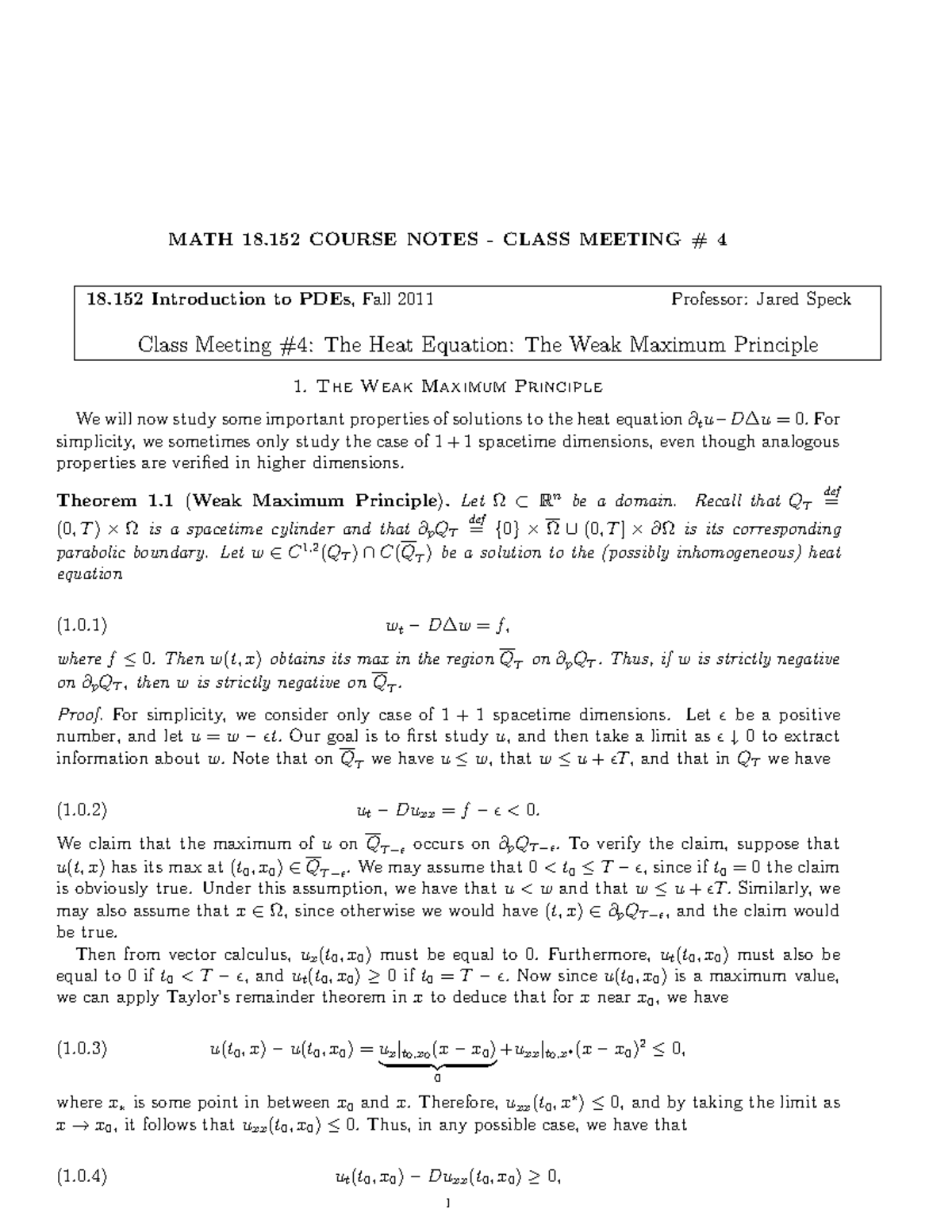 The heat equation: Weak maximum principle and introduction to the fundamental solution - MATH 18 ...