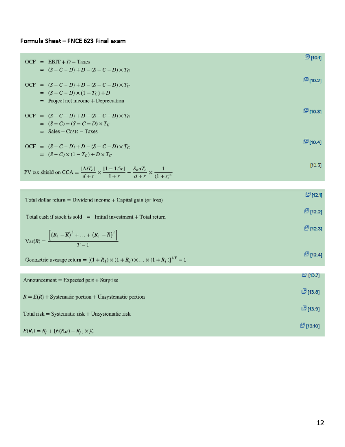 FNCE 623 Winter 2024 Final Exam Formula Sheet - FNCE 623 - 12 Formula ...