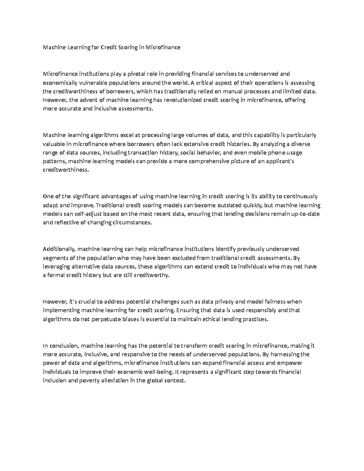 Machine Learning for Credit Scoring in Microfinance - Machine Learning ...