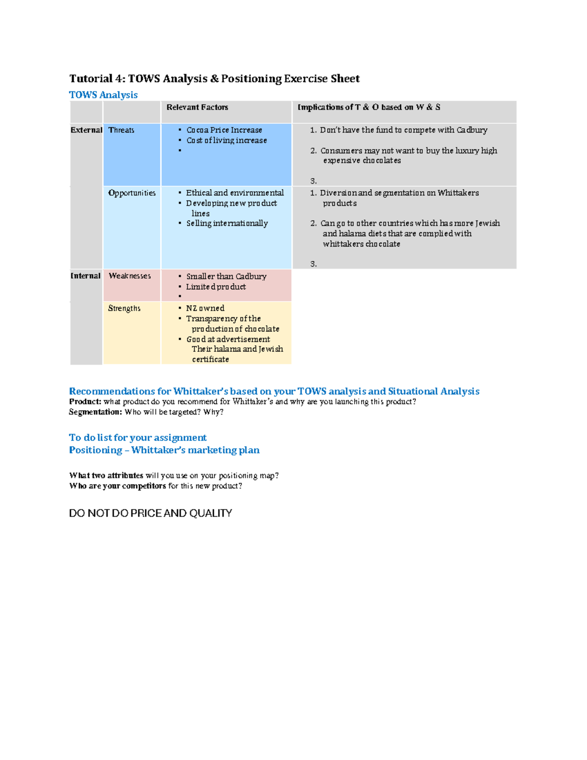 Document - Tutorial 3 - Tutorial 4: TOWS Analysis & Positioning Exercise Sheet TOWS Analysis ...