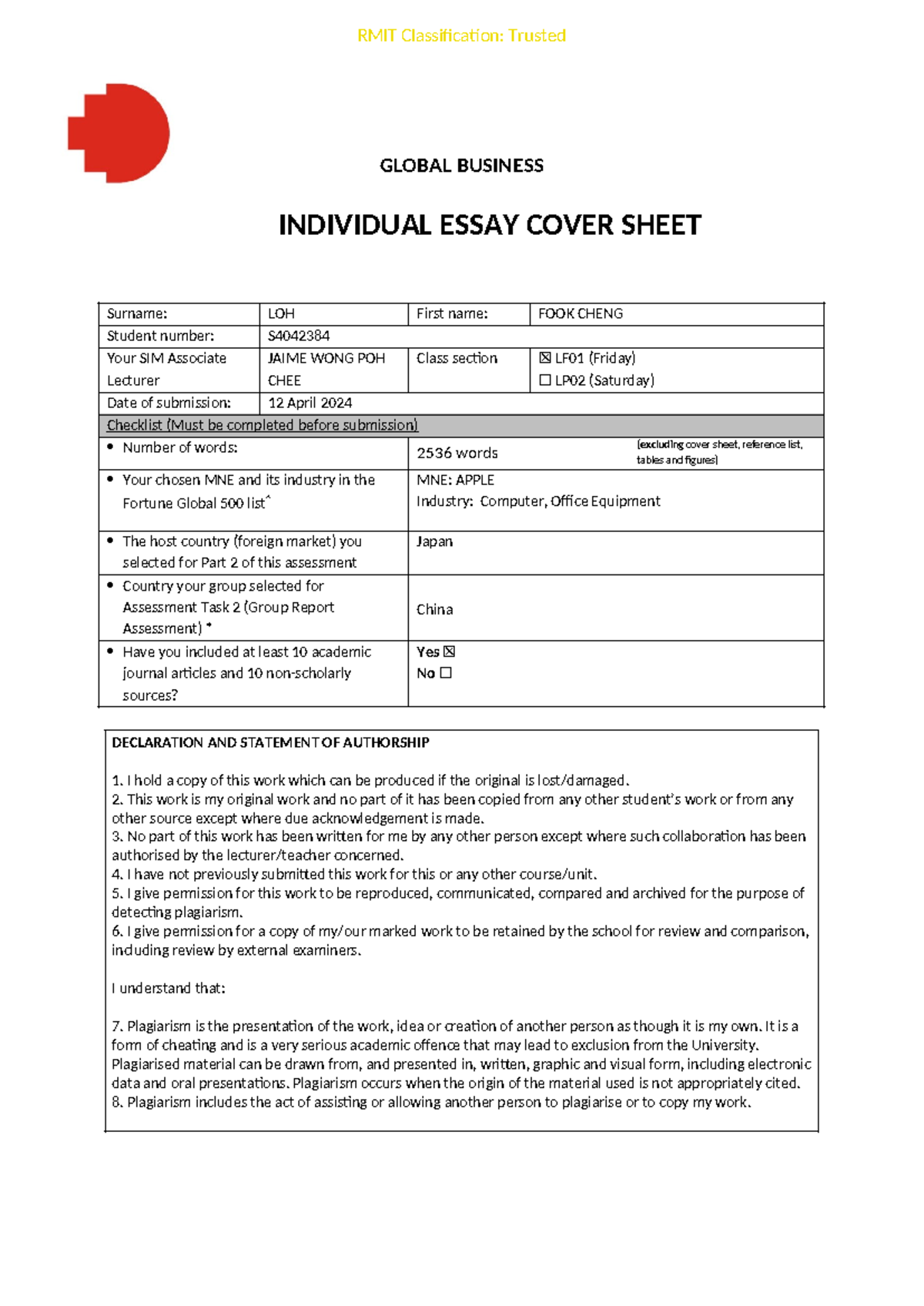 SIM-Individual Essay Cover Sheet - RMIT Classification: Trusted GLOBAL ...