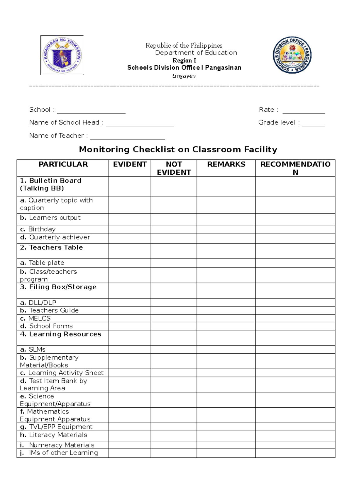 Monitoring-checklist - Republic of the Philippines Department of ...
