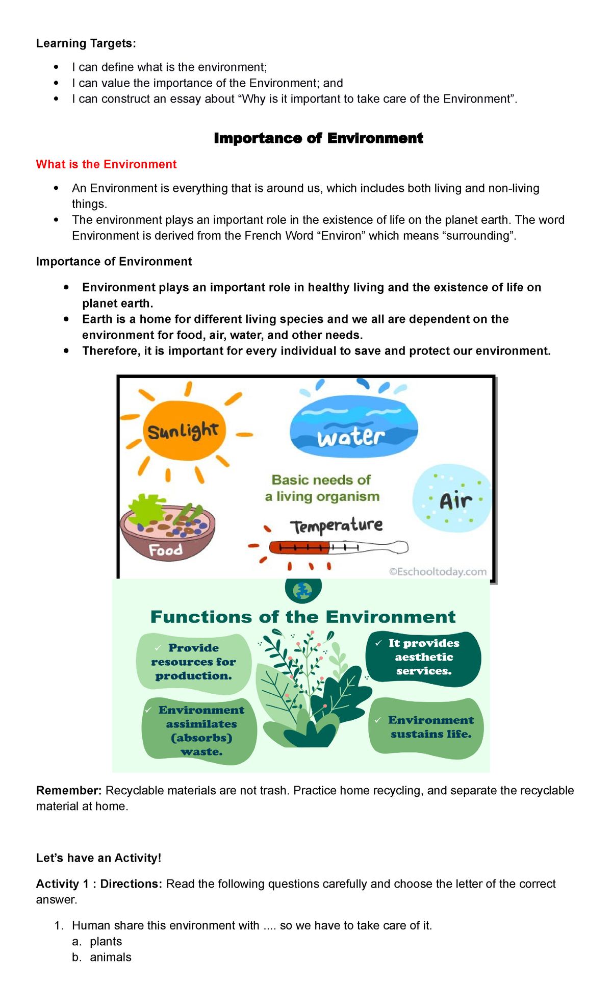 ESP-CLE 6 LAS Importance of Environment - Learning Targets: I can ...