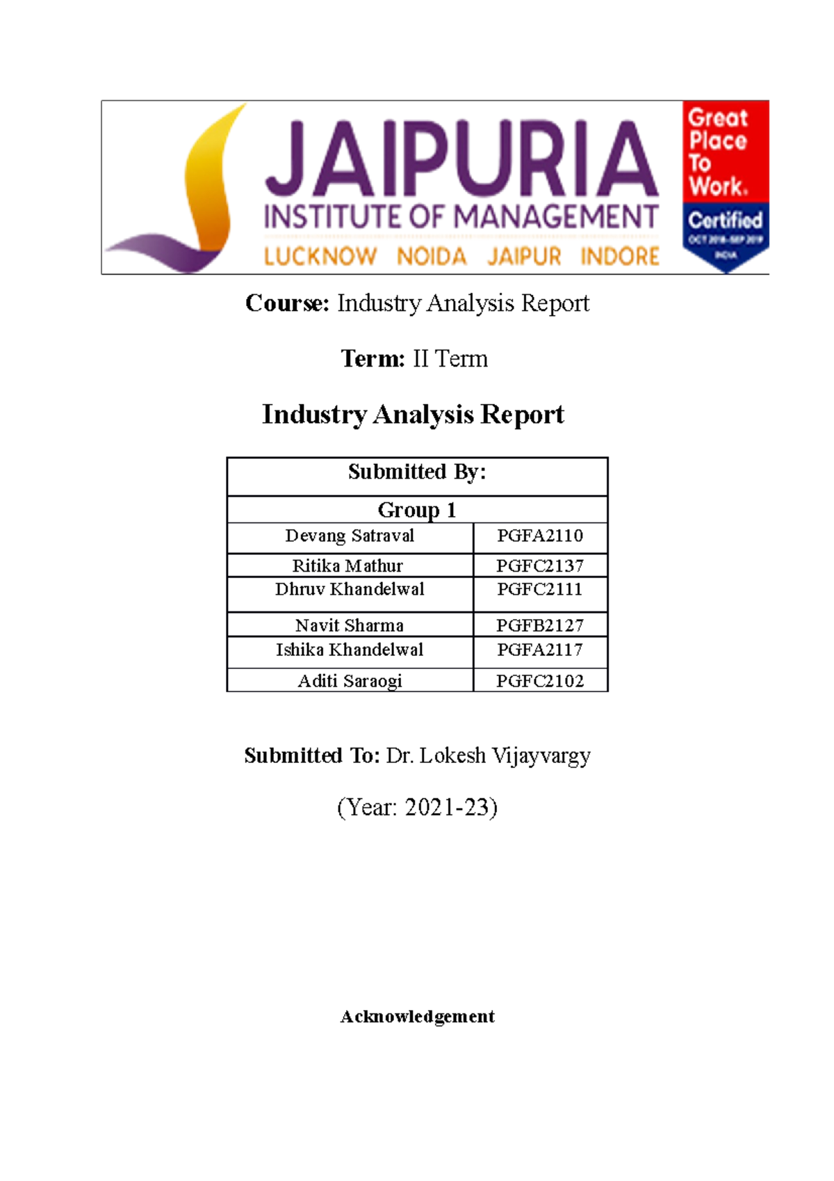 Industry Analysis Final Submission - Course: Industry Analysis Report ...