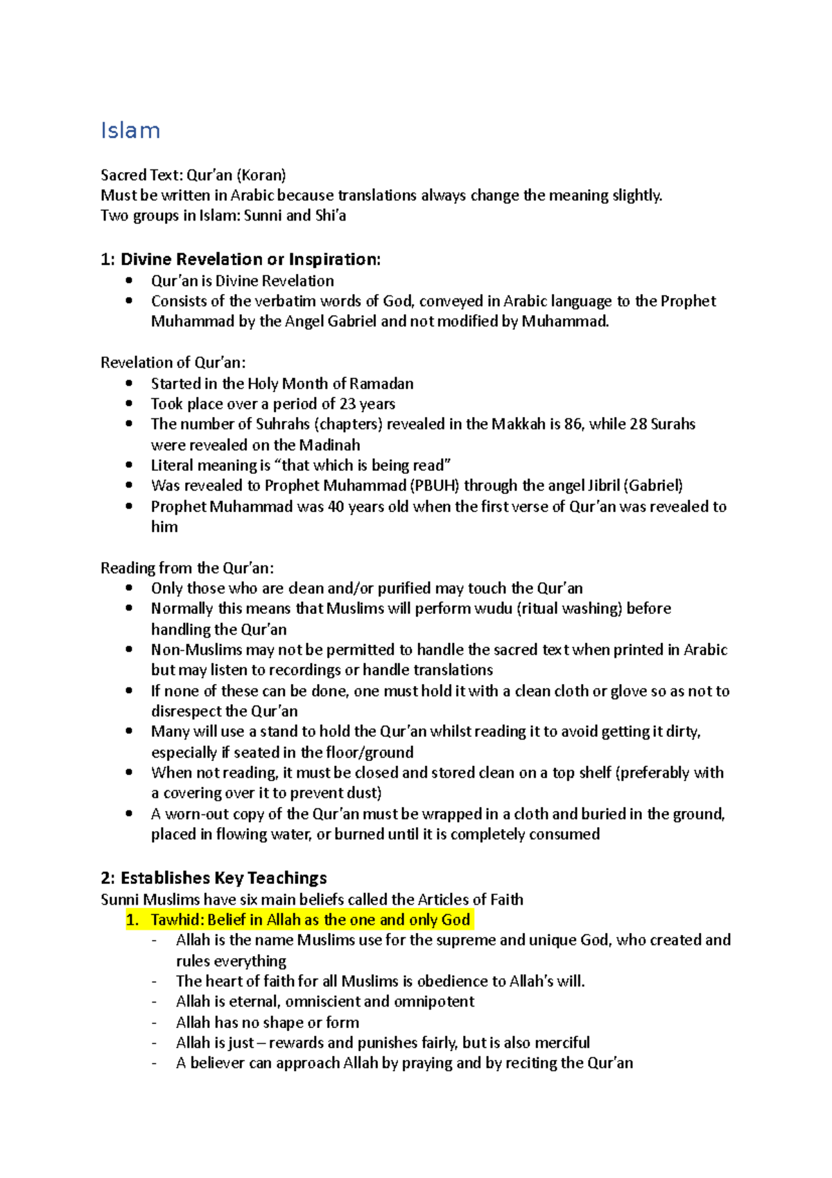 03 Islam Notes - Islam Sacred Text: Qur’an (Koran) Must be written in ...
