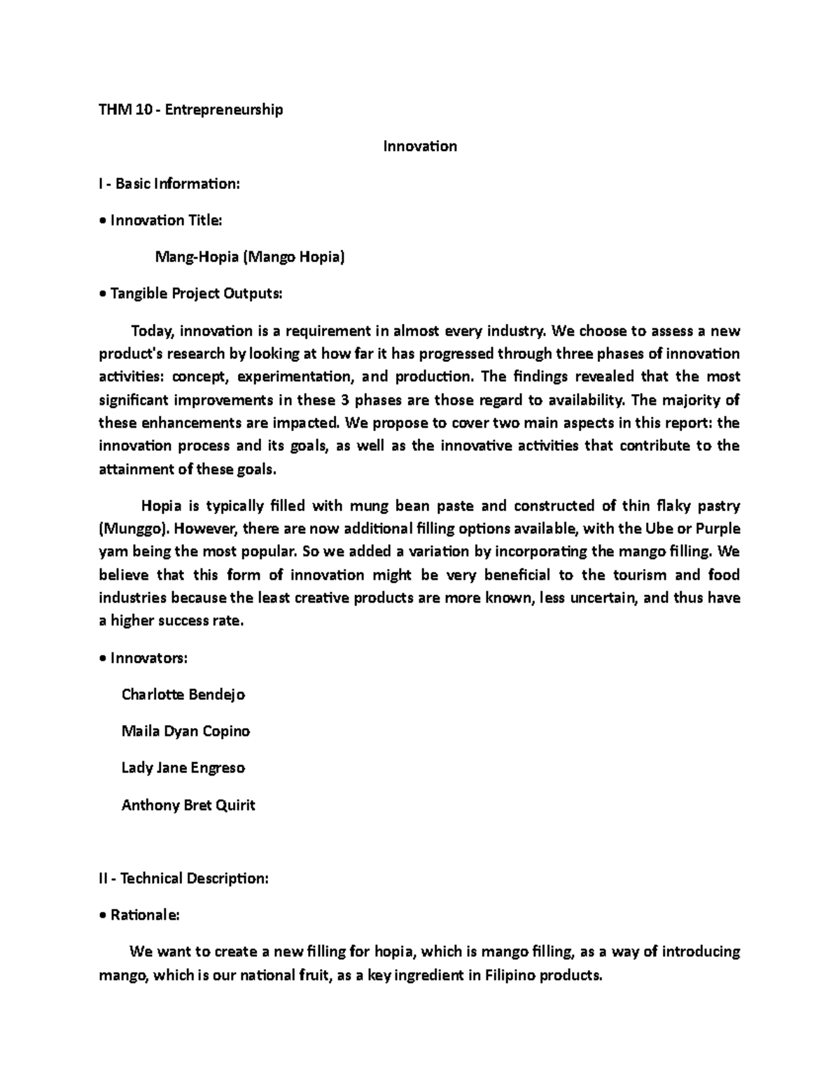 Sample Innovation (Mang-Hopia) - THM 10 - Entrepreneurship Innovation I ...