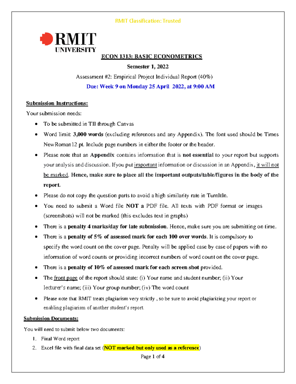 Assessment 2 Sem 2022a Econ 1313 Basic Econometrics Semester 1 2022