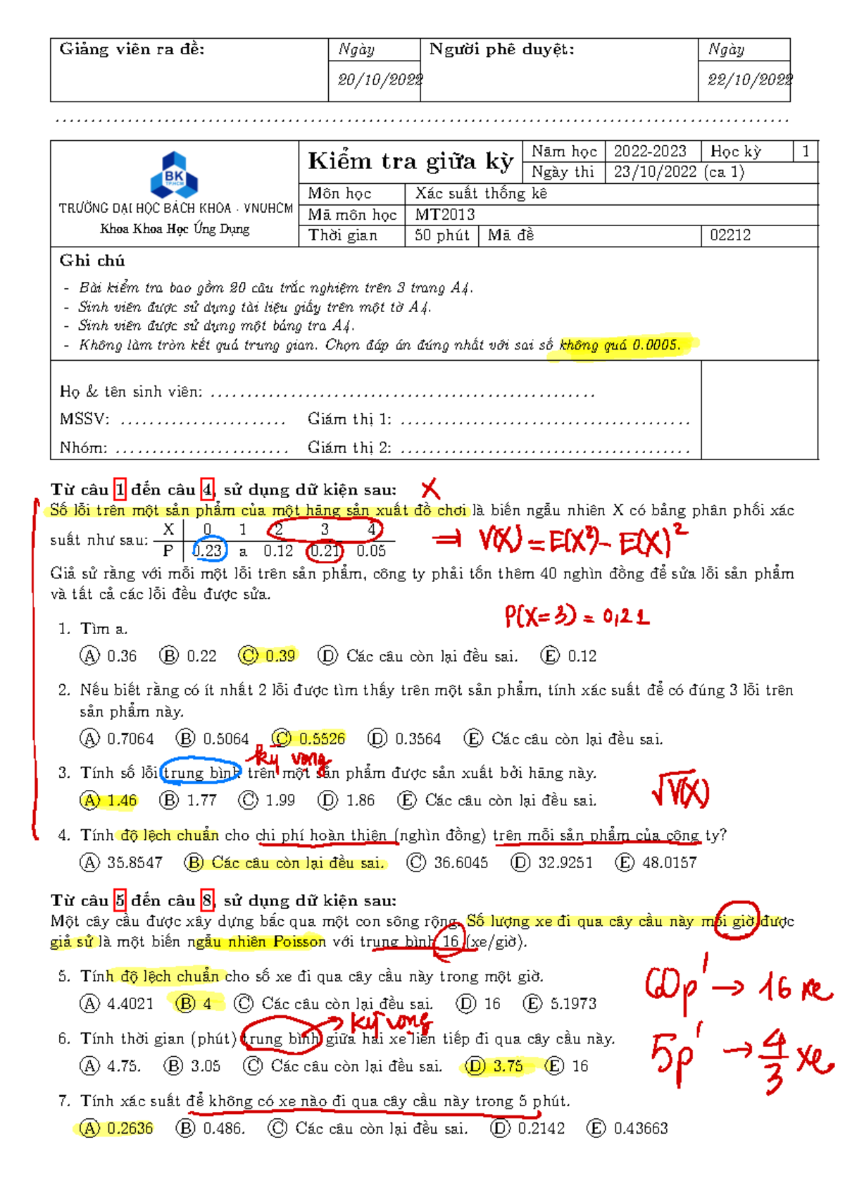 XSTK GK221 ca1 - đề thi - Gi£ng viên ra∑: Ngày Ng ̃Ìi phê duyªt: Ngày 20/10/2022 22/10/ - Studocu