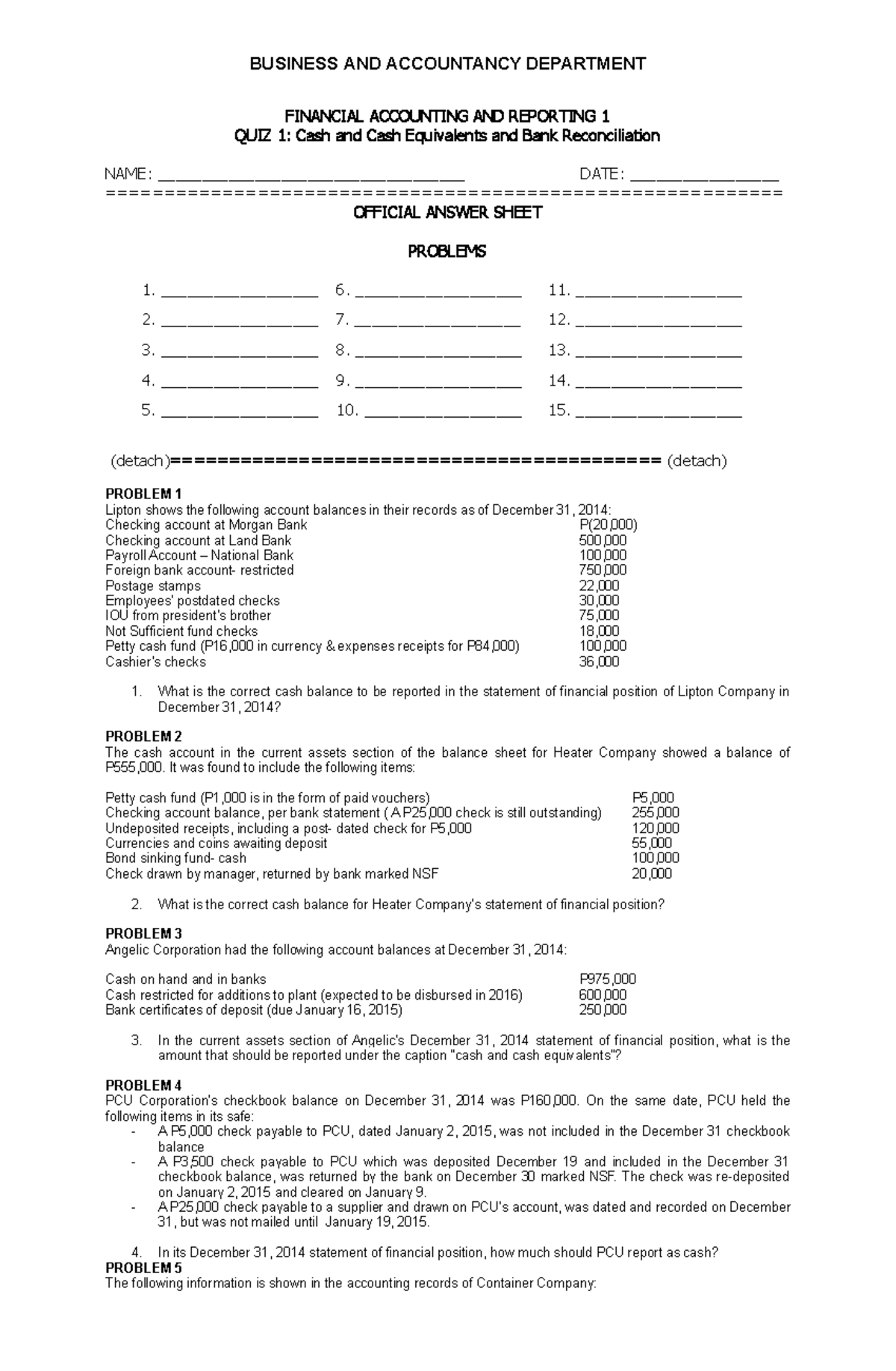 Q1 cash and cash equivalents - BUSINESS AND ACCOUNTANCY DEPARTMENT ...