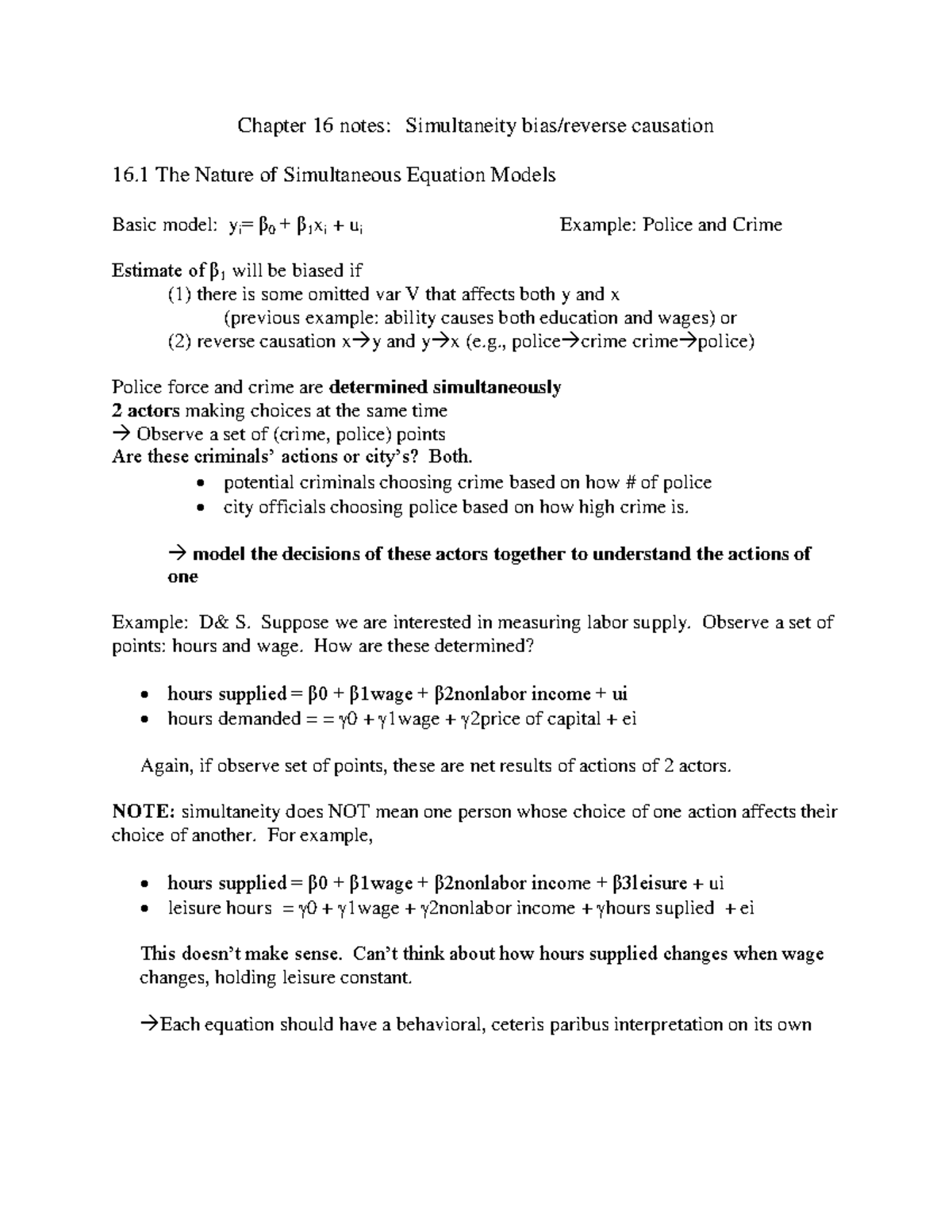 Chapter 16studentnotes - Chapter 16 notes: Simultaneity bias/reverse ...