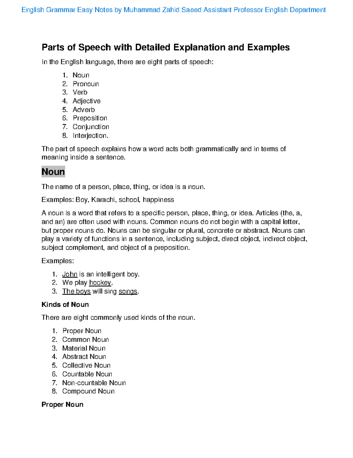 Unique and Complete Notes on Parts of Speech with Detailed Explanation ...