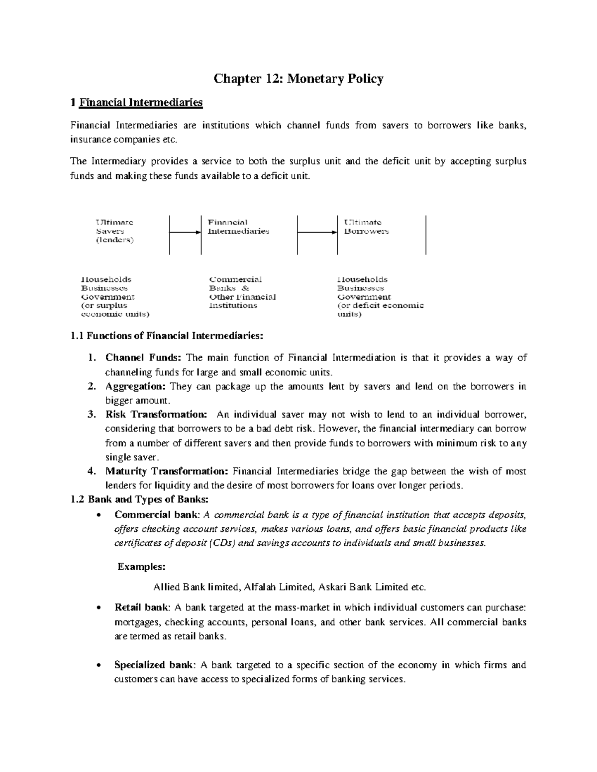 PRC- Ch Economics 12 - notes - Chapter 12 : Monetary Policy 1 Financial ...