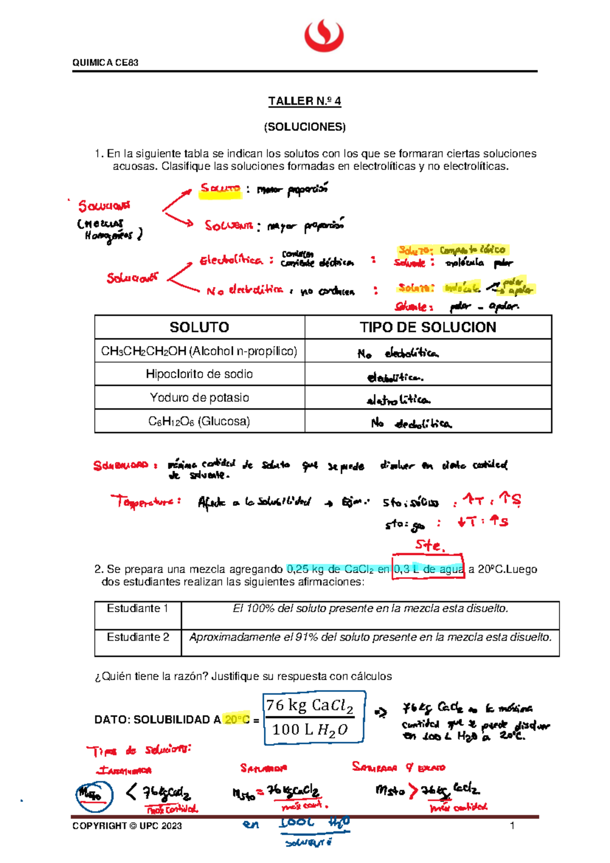 CE83 Taller 4 Química ( Resuelto) - TALLER N.º 4 (SOLUCIONES) 1. En la siguiente tabla se ...