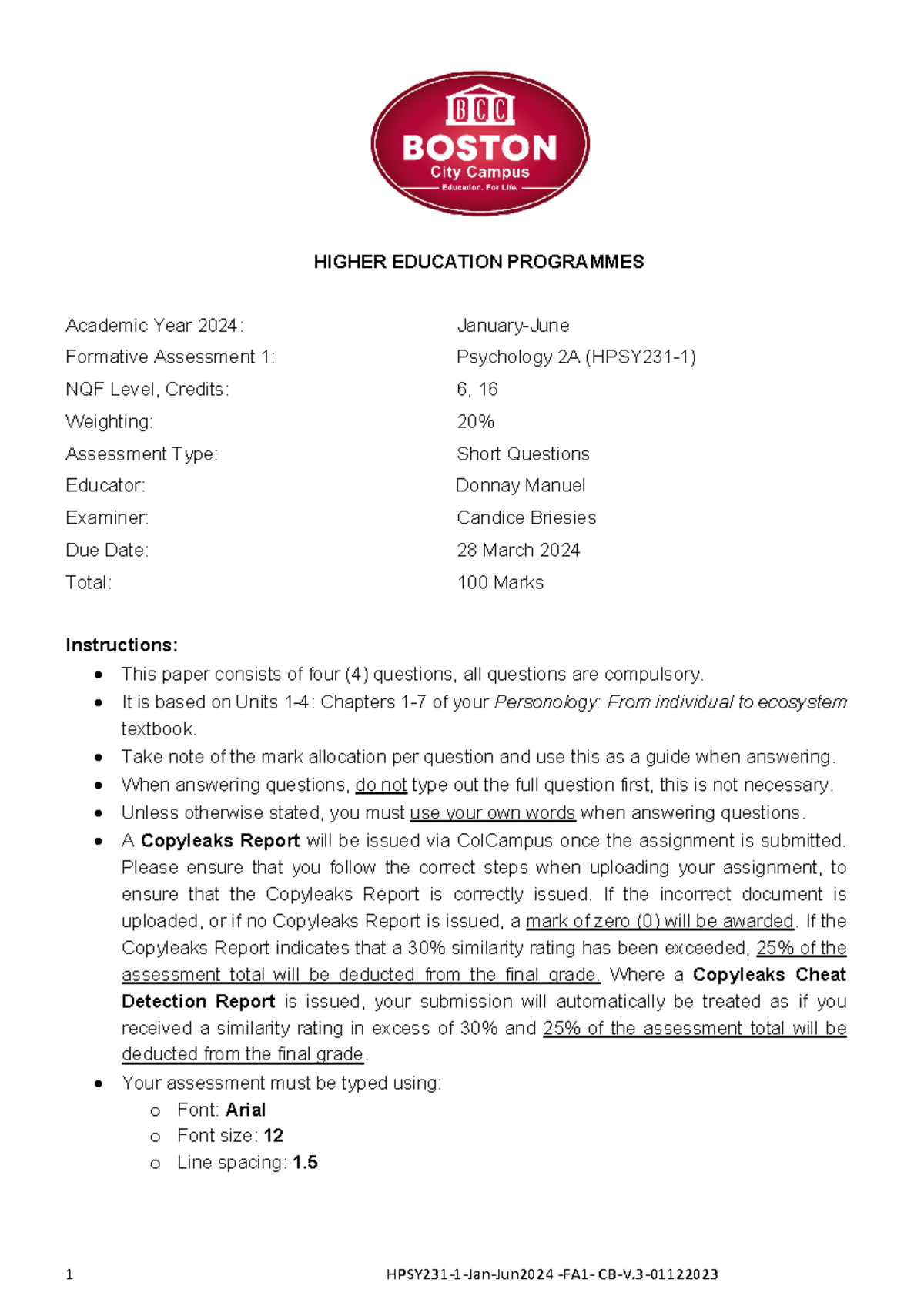 HPSY231-1-Jan-Jun2024-FA1-CB-V.3-01122023 - HIGHER EDUCATION PROGRAMMES ...