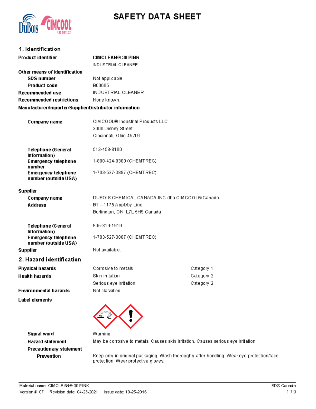 Cimclean 30 PINK SDS - hoja de seguridad - SAFETY DATA SHEET 1 ...