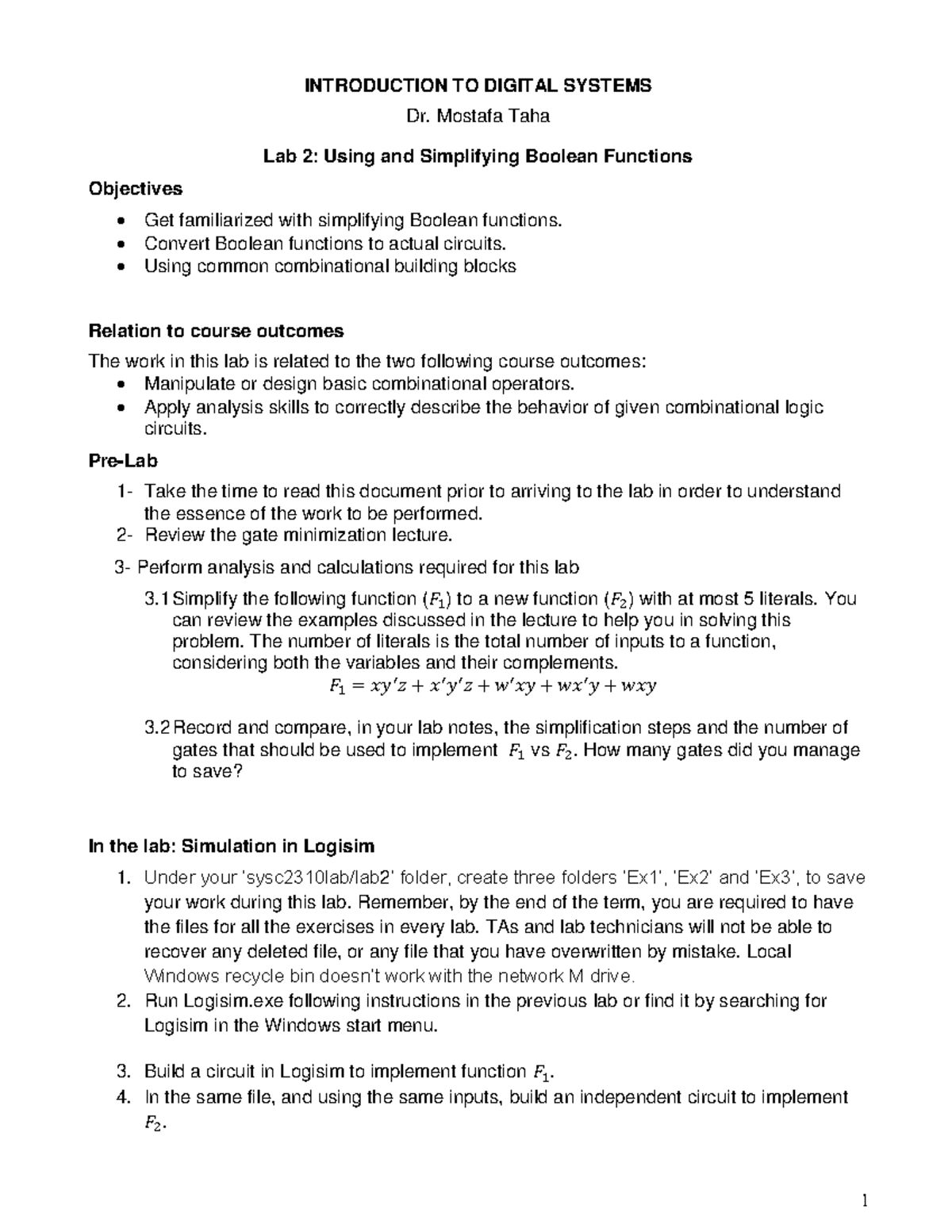 Lab2 - lab - 1 INTRODUCTION TO DIGITAL SYSTEMS Dr. Mostafa Taha Lab 2 : Using and Simplifying ...