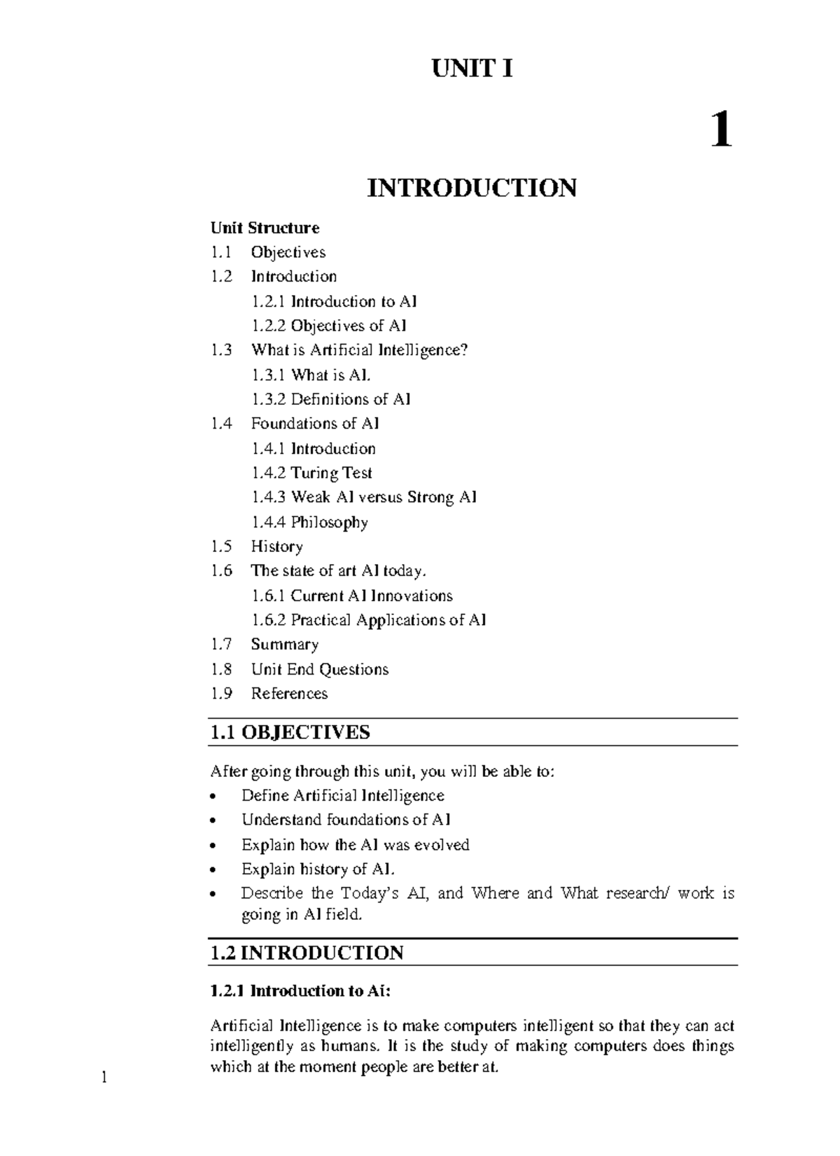 Chap 1 - BSc IT Semester V Artificial Intelligence Unit 1 - UNIT I 1 INTRODUCTION Unit Structure ...