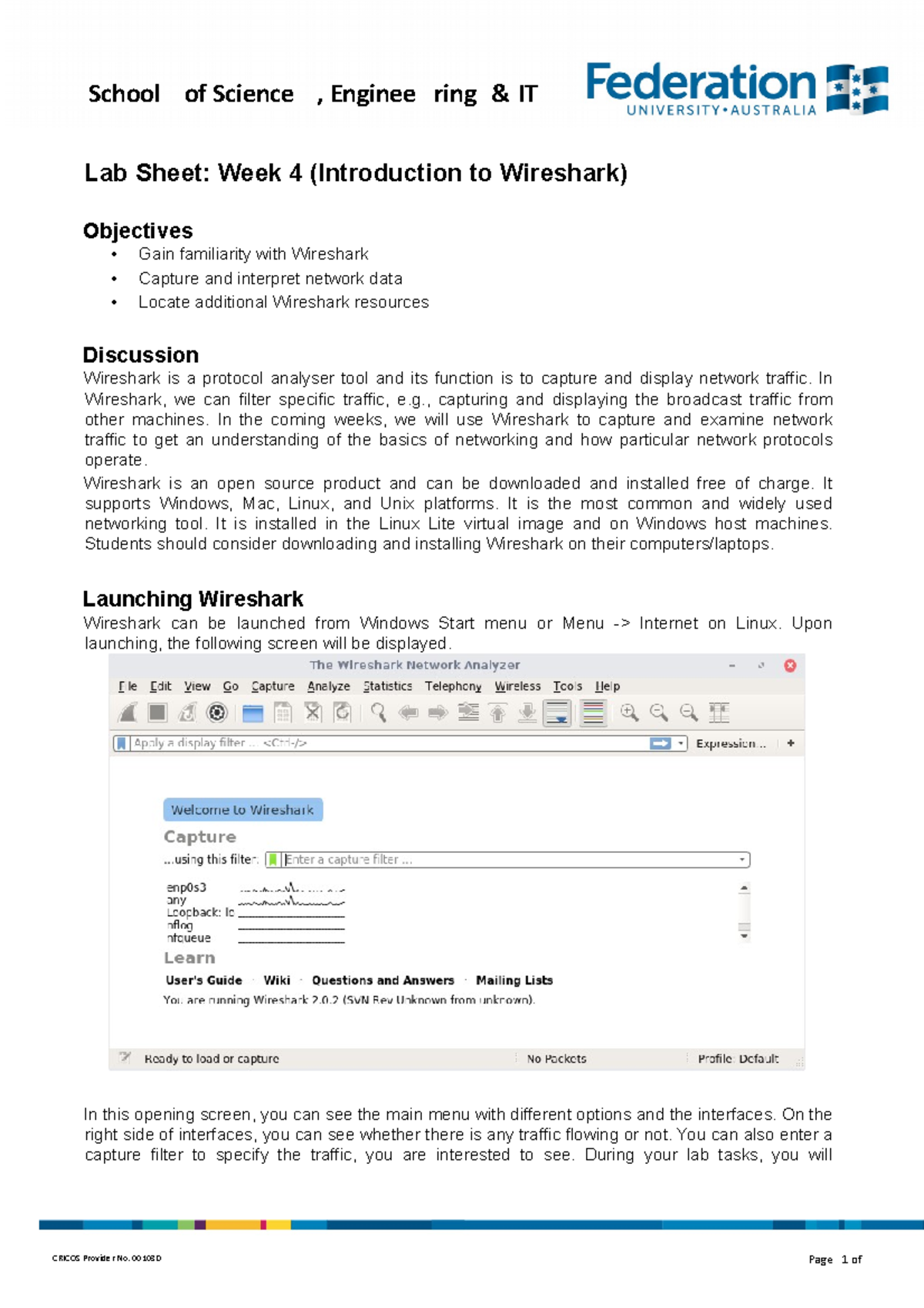 Week 4 Lab Sheet - Problem solving - Lab Sheet: Week 4 (Introduction to Wireshark) Objectives ...