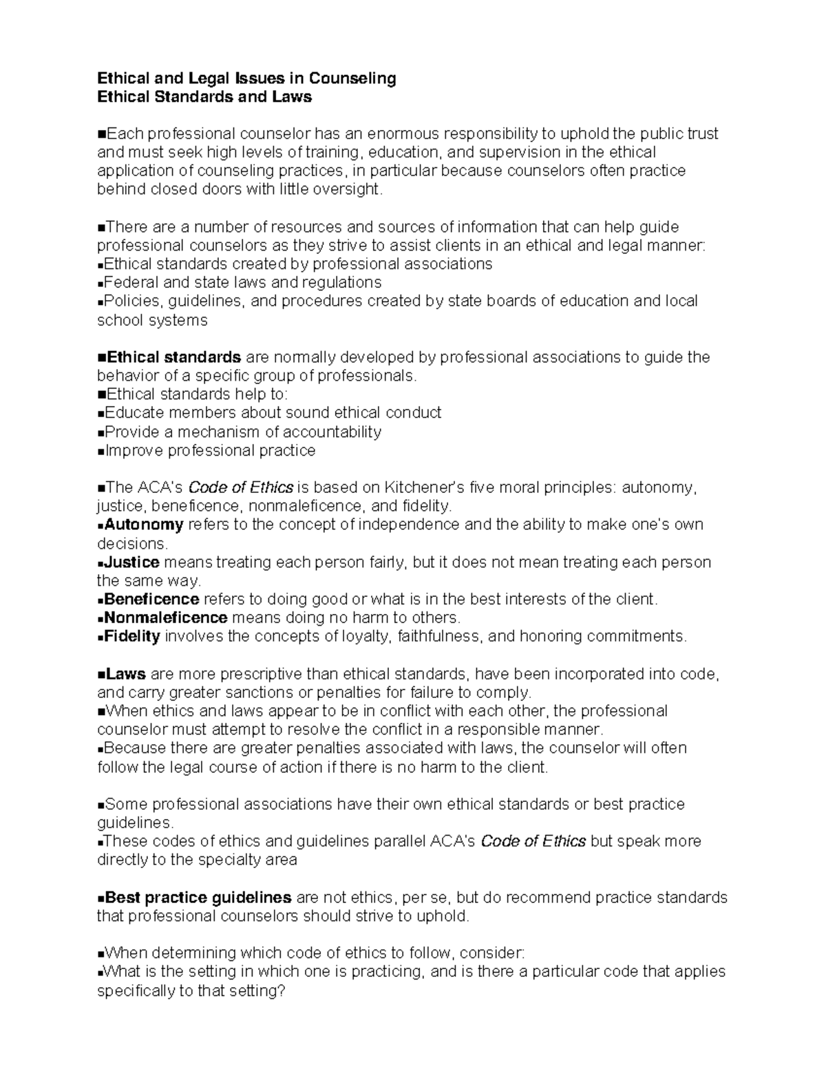 Counseling Ethics - Ethical and Legal Issues in Counseling Ethical ...