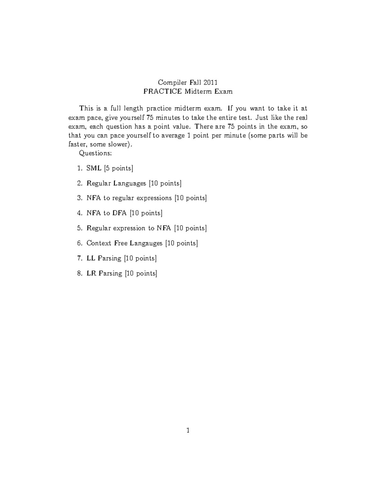 Practice Midterm Computer Science Exam Compiler Fall 2011 Practice Midterm Exam This Is A