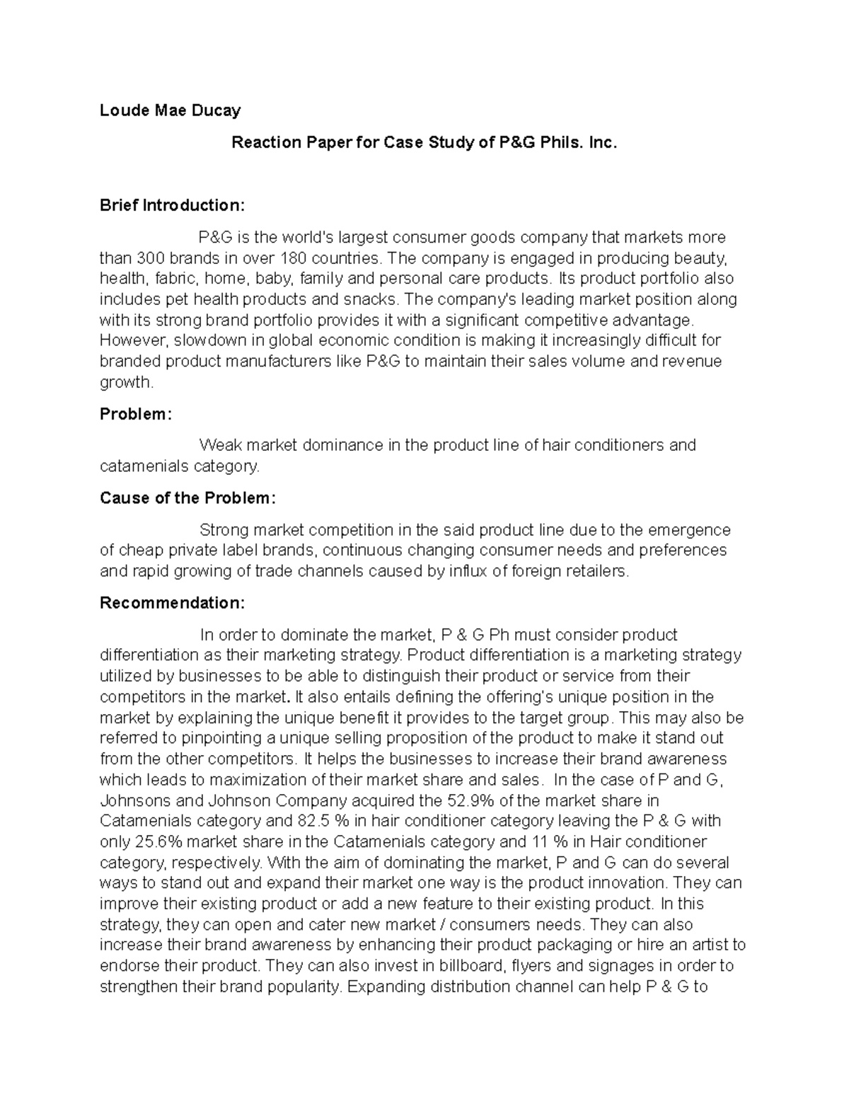 Reaction Paper for Case Study of P and G - Loude Mae Ducay Reaction ...