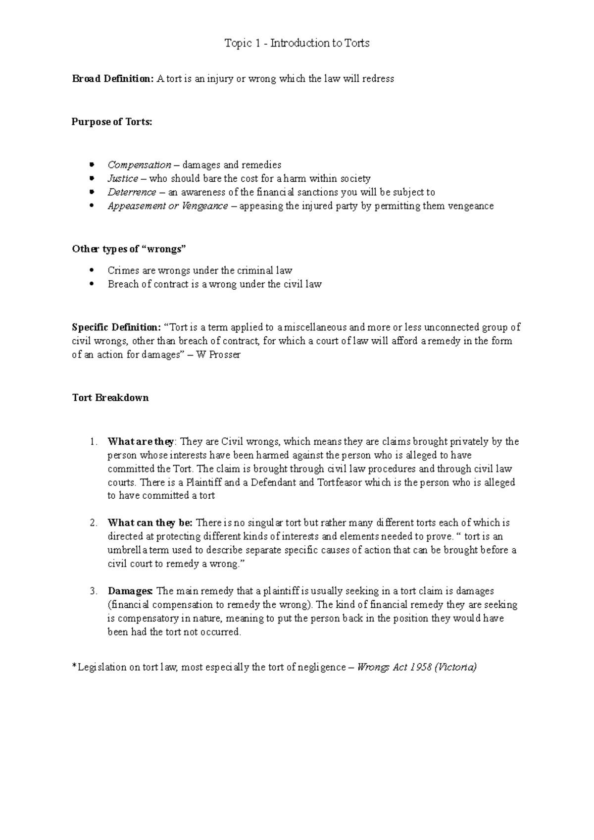 Topic 1 - Introduction to Torts - Topic 1 - Introduction to Torts Broad Definition: A tort is an ...