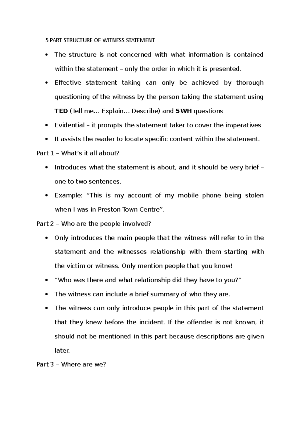 Witness Statement ITCI Lecture Notes - 5 PART STRUCTURE OF WITNESS ...