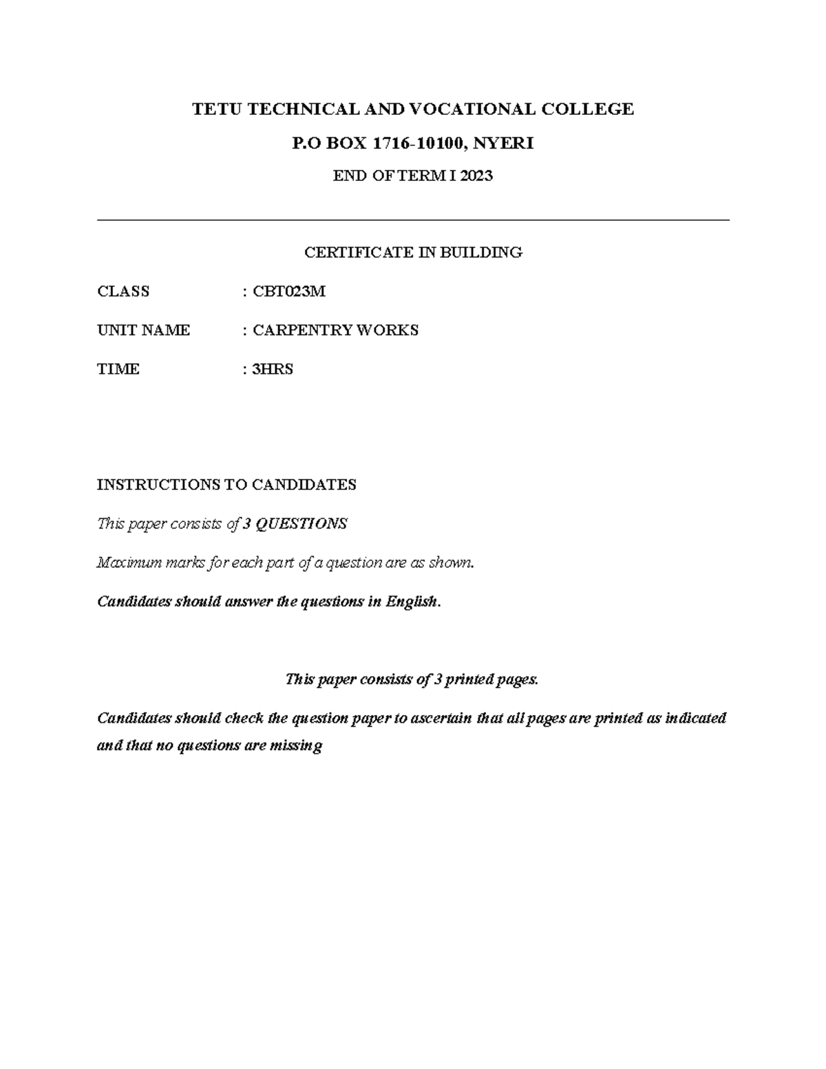 END OF TERM ONE Exams by MR Alfred MULI - TETU TECHNICAL AND VOCATIONAL ...