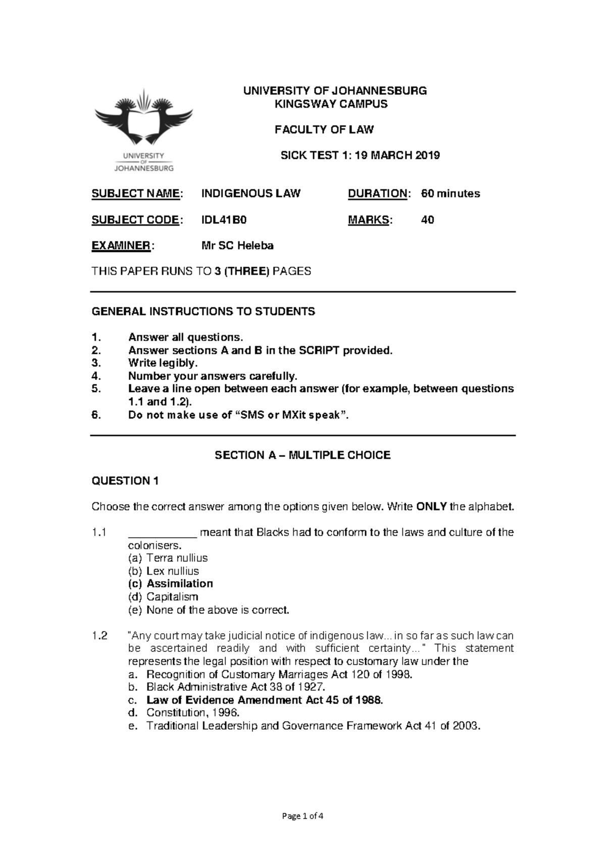 Ind Law Sick Test 1 2019 memo - UNIVERSITY OF JOHANNESBURG KINGSWAY ...